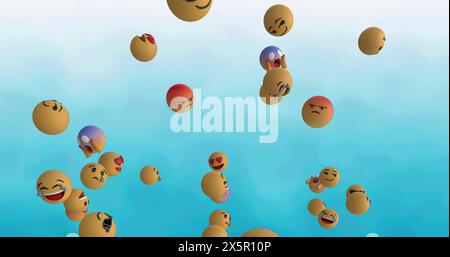 Digital image of multiple face emojis floating against white background ...