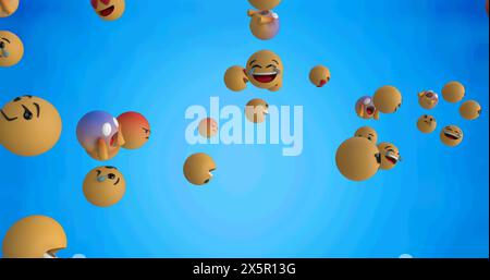 Digital image of multiple face emojis floating against cityscape in ...
