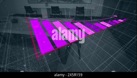 Image of bar graph downgrading over empty chairs and table arranged in ...