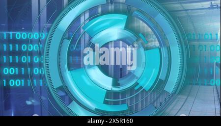 Image of loading circles over binary codes moving between server racks at data center Stock ...