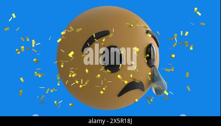 Digital image of golden confetti falling over crying face emoji against ...