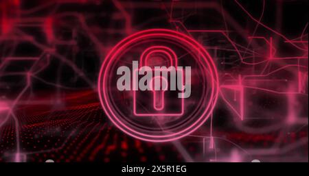 Image of padlock in circles and navigation pattern with dots forming globe over black background ...