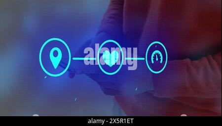 Image of flowchart of icons over midsection of caucasian man chatting ...