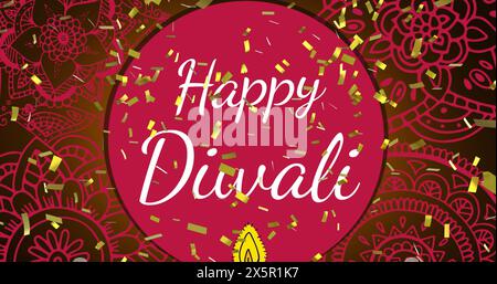 Image of happy diwali over golden confetti and circle with elephant on ...