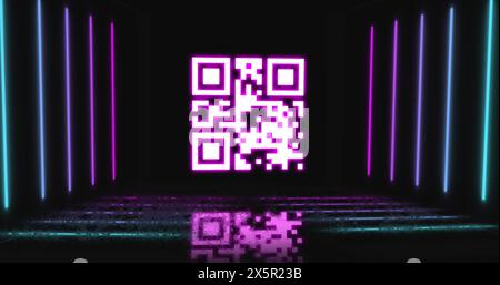 Image of flickering neon qr code scanner and circular shapes against ...