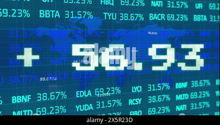 Image of addition symbol with numbers and trading board against map ...