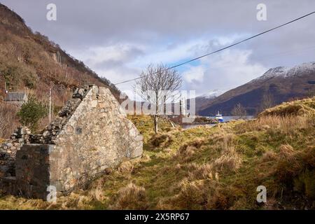 Derelict cottage and modern industrial quarry site at Bonawe, Argyll ...