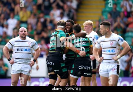 Northampton Saints' Emmanuel Iyogun celebrates with fans following ...