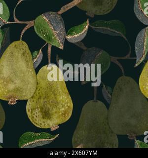 Fresh Green Pear and Yellow Floral Seamless Pattern on Black and White ...
