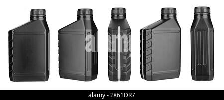 Plastic black containers for engine oil. Set from different angles ...
