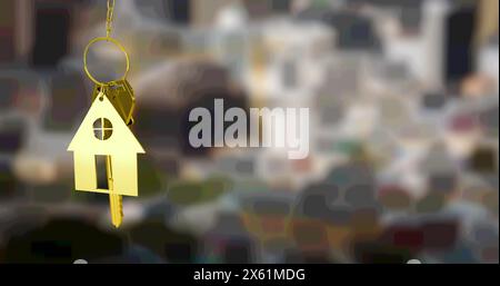 latchkey with key fob and blurred home in the back,buying house,real ...