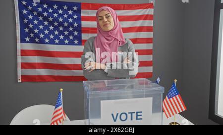 Young beautiful hispanic woman electoral table president standing with ...