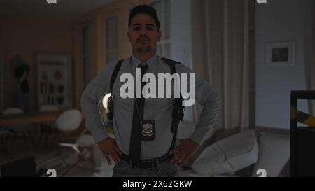 Hispanic man posing as detective with badge in dimly lit indoor scene ...