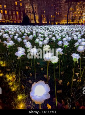 Illuminated faux white roses in the The Ever After Garden in Grosvenor ...