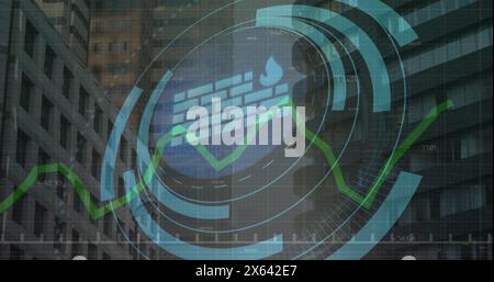 Image of changing numbers in loading circles, graphs over multicolored bars on server racks ...