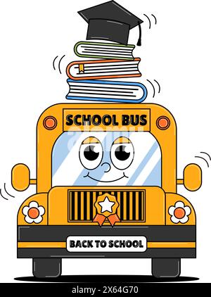 School education bus groovy character. Isolated cartoon vector cheerful ...