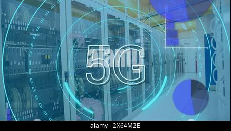 Image of 5g text, round scanners and statistical data processing against computer server room ...