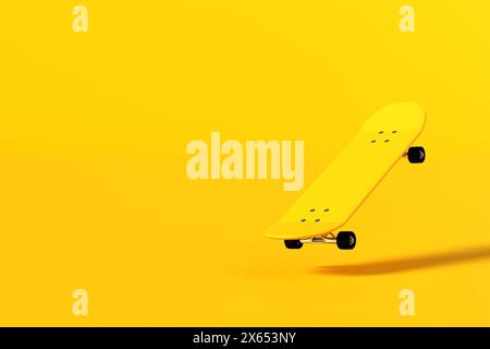 Yellow skateboard levitating on yellow background with copy space. 3D ...