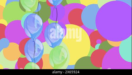 Image of multicolored balloons over moving golden balloons and purple ...
