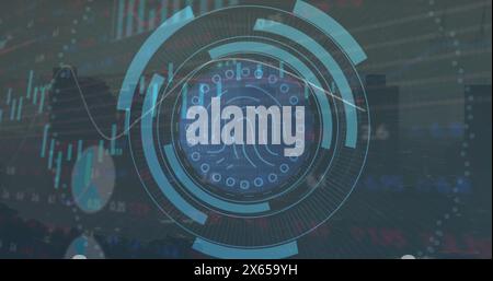 Image of biometric fingerprint scanner and stock market data processing against grey background ...
