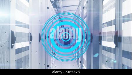 Image of round scanner and light trails against computer server room ...