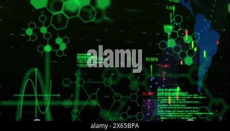 Image of computer and scientific data processing on black background ...