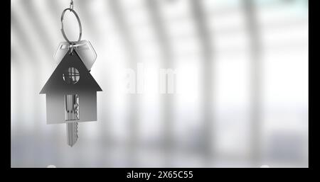 Image of hanging house keys against inverted tall buildings against ...