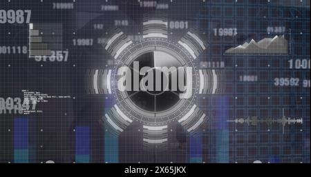 Image of round scanner and changing numbers against businessman writing ...