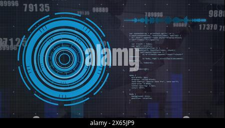 Image of round scanner and changing numbers against businessman writing ...