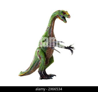 Toy dinosaur Therizinosaurus, a prehistoric creature, on transparent ...