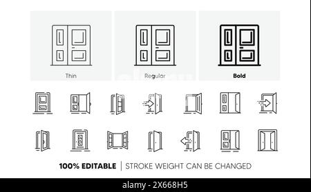 Entrance icons. Open door, Building entry and Emergency exit simple ...