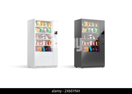 Blank black and white vending machine snacks and drinks mockup, 3d rendering. Empty automated ...