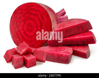 Red beetroot cross section and diced beetroot cuts isolated on white ...