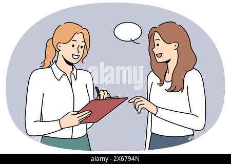 Smiling female interview with folder talk with passerby on road. Happy ...