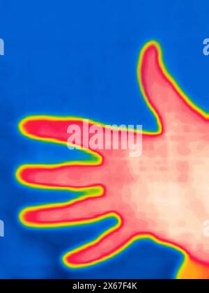Hand gestures captured on thermal imager device. Warm hands of an ...
