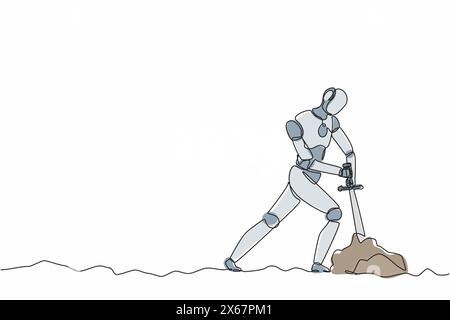 Continuous one line drawing Excalibur sword stuck or trapped in stone ...