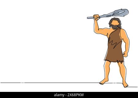 Single one line drawing prehistoric man holding and raised stone axes ...
