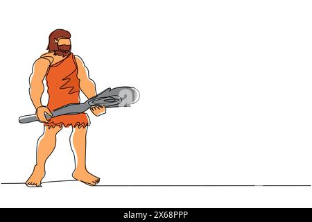 Single one line drawing caveman holding stone spear on shoulders ...