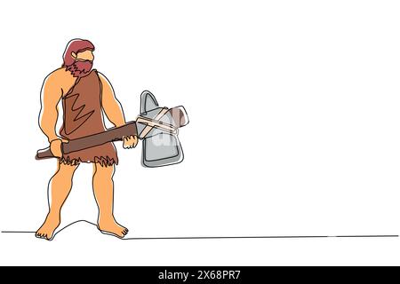 Continuous one line drawing caveman holding and raised cudgel overhead ...