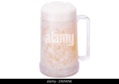 Full beer mug with beer foam and ergonomic handle isolated on white ...