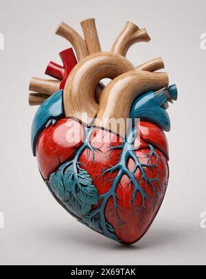 Human heart, semi-realistic representation. Wood texture natural and ...