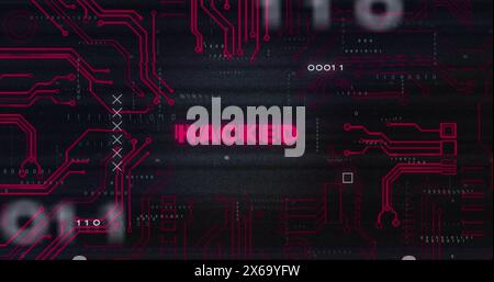 Image of hacked text in circuit board pattern over map and binary codes on black background ...