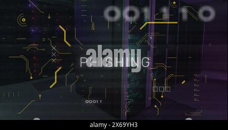 Image of phishing text, x symbol, binary codes, circuit board pattern over bokeh effect Stock ...