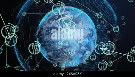 Image of connected icons and dots around rotating globe over black ...