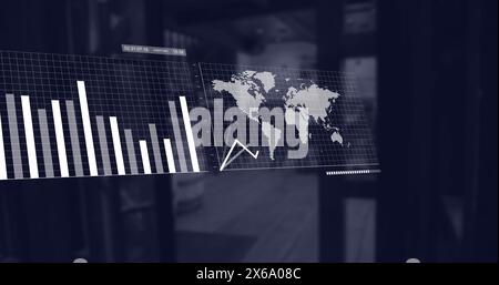 Image of screens with multiple graphs moving over entrance of empty ...