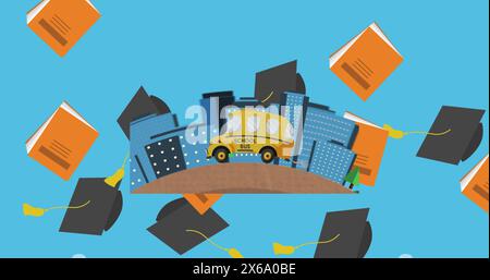 Graduation hat and book icons falling over school bus icon against blue ...