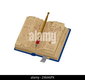 Old magic book with parchment pages and scroll, inkwell and feather ...