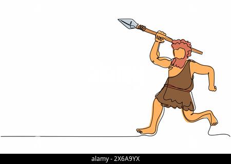 Continuous one line drawing caveman standing and holding big stone ...