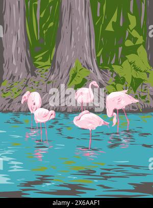 WPA poster art of a flamingo in the wetlands, swamps and marshes of the ...
