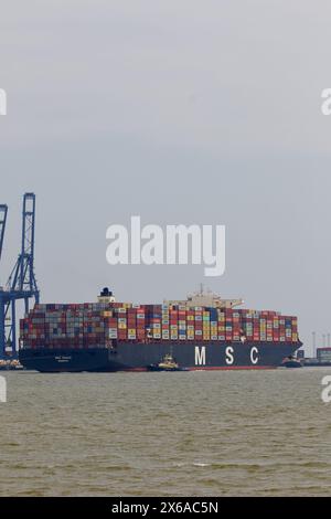 Container ship MSC Venice leaving the Port of Felixstowe, Suffolk, UK ...